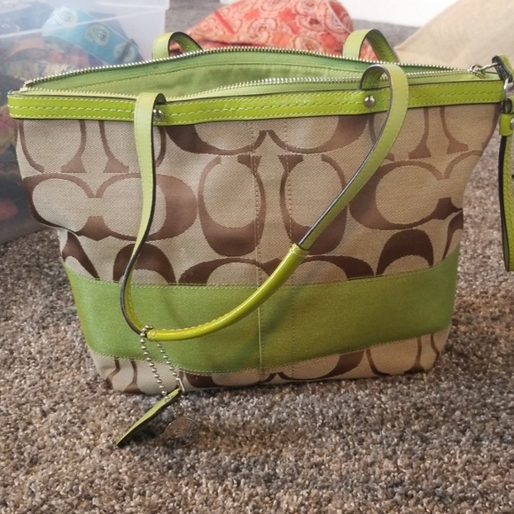 Coach | Bags | Coach Signature Stripe Tote In Kahki Lime Green | Poshmark